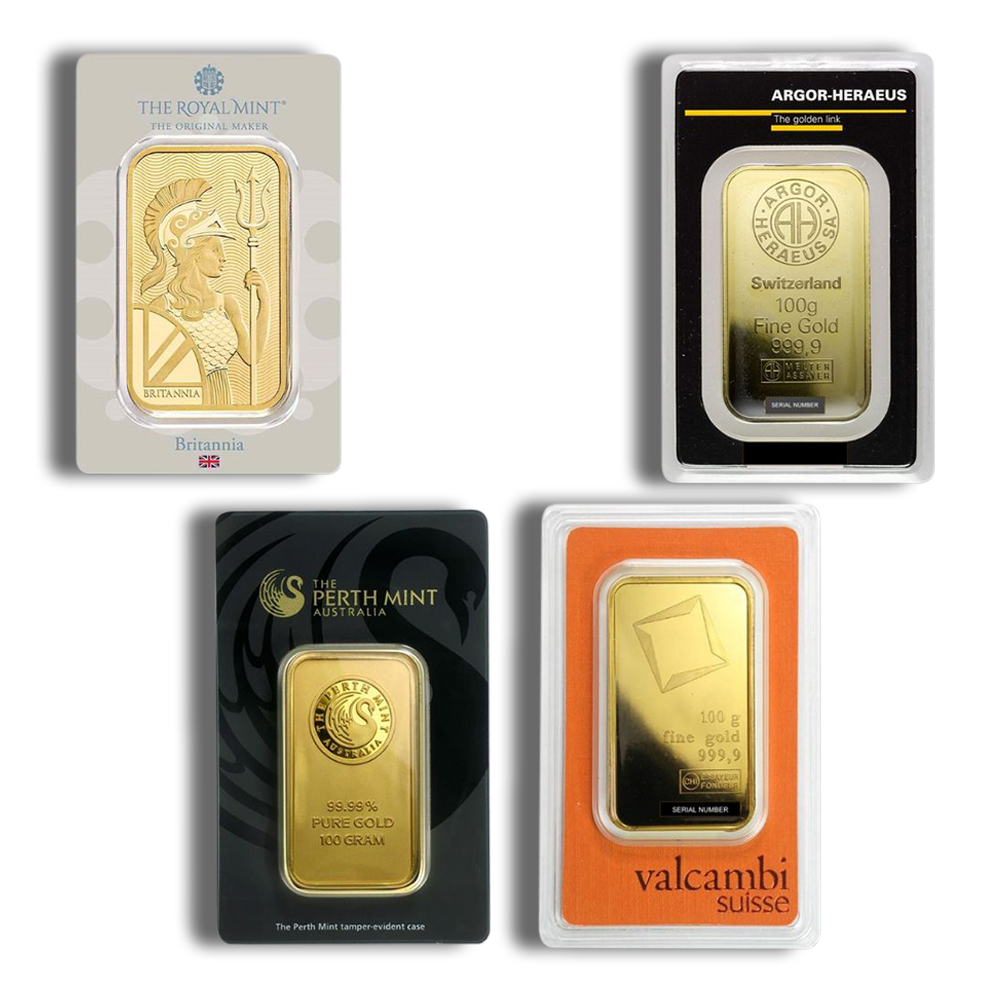 100 Gram Gold Bar - Brand Varies (Carded) | Atlas Bullion